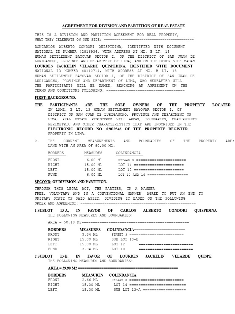 Agreement For The Division and Partition of Real Estate | PDF | Civil ...