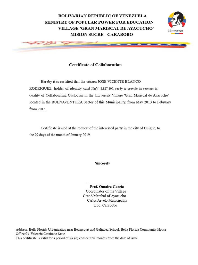 Certificate of Collaboration for José Vicente Blanco | PDF