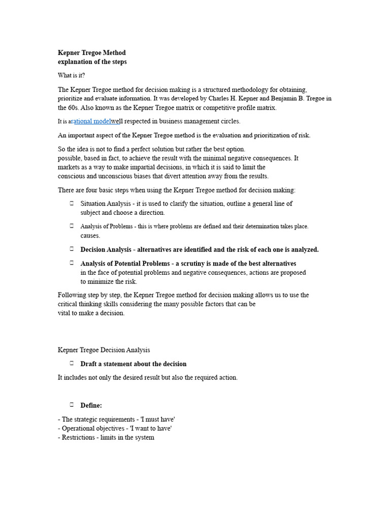 Kepner Tregoe Decision-Making Steps | PDF | Decision Making | Rationality