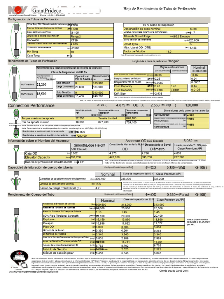 Tubería de Perforación, 80%, 4.000 OD, Pared de 0.330, IU, G-105.. XT39 ...