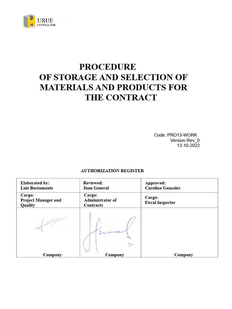 Storage and Selection Procedure for Contract Materials | PDF ...