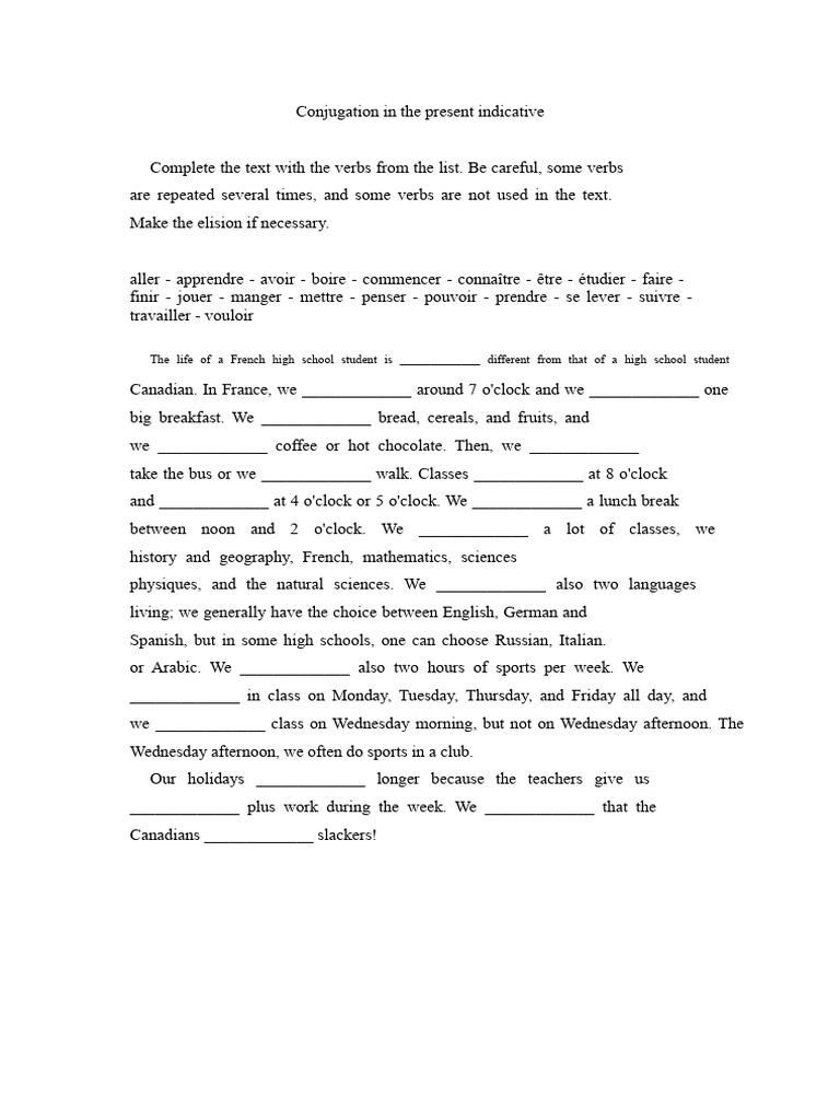 Present Indicative Verb Conjugation Exercise | PDF