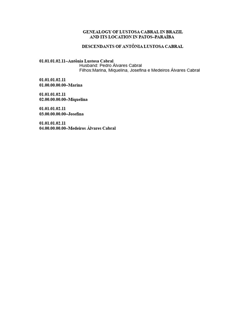 Genealogy of The Lustosa Cabral in Brazil and Its Location in Patos ...