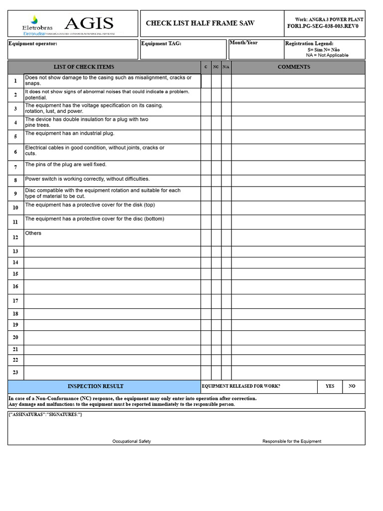 Half Frame Saw Checklist for ANGRA 3 | PDF