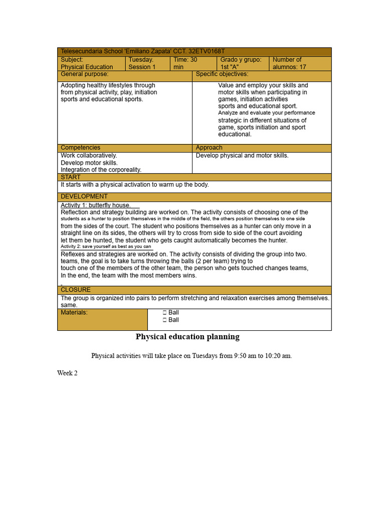 Physical Education Plan for 1st Grade A | PDF | Sports | Physical Education