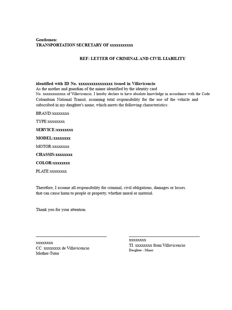 LETTER OF CIVIL AND CRIMINAL LIABILITY | PDF