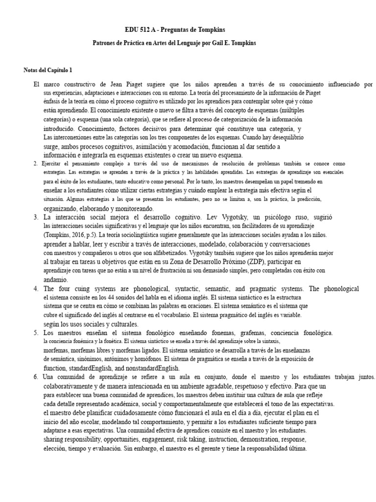 Edu 512 Tompkins Capítulos 1-12 Notas | PDF | Aprendizaje | Idioma en ...