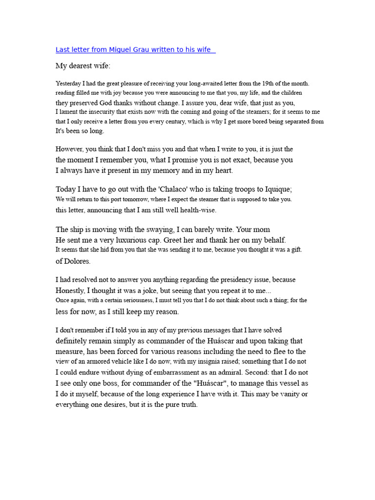 LETTERS - Last Letter From Miguel Grau Written To His Wife | PDF