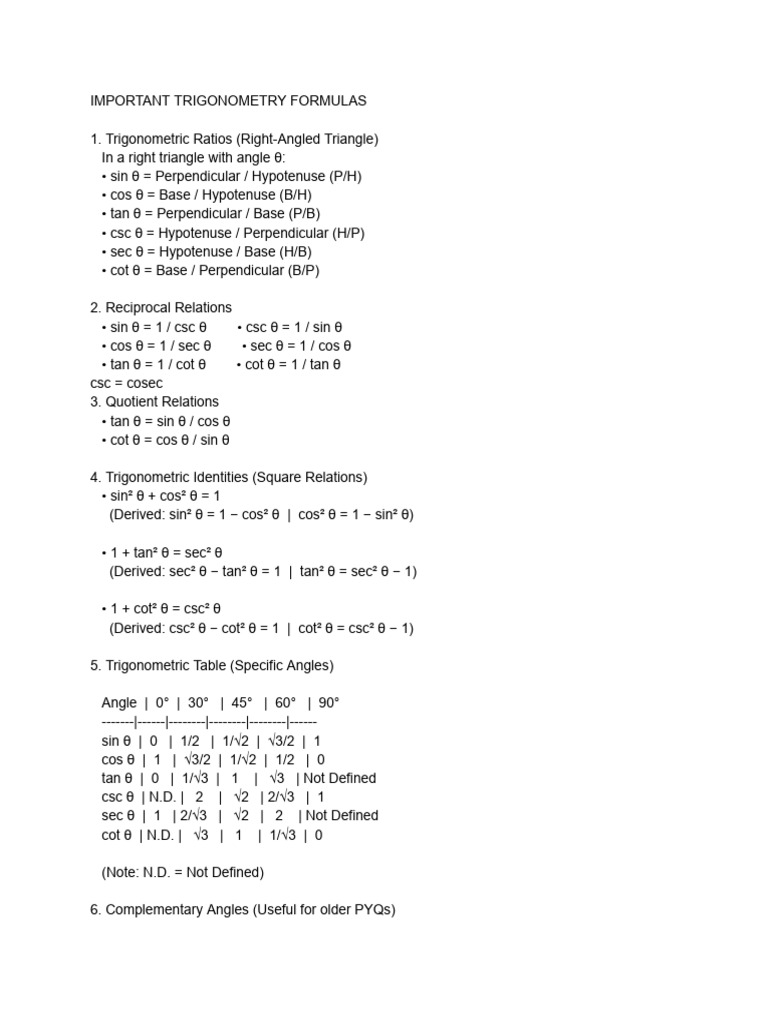 Trigonometry Important Questions | PDF | Trigonometry | Euclidean Plane ...