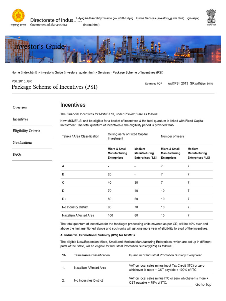 Maharashtra PSI 2013 Incentives Guide | PDF | Value Added Tax | Subsidy