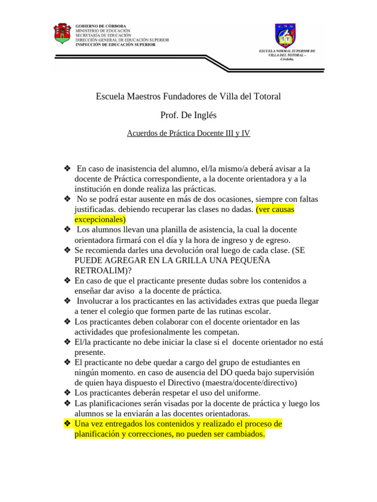 Acuerdos Practicas III y IV Prof. Inglés | PDF | Maestros | Enseñando