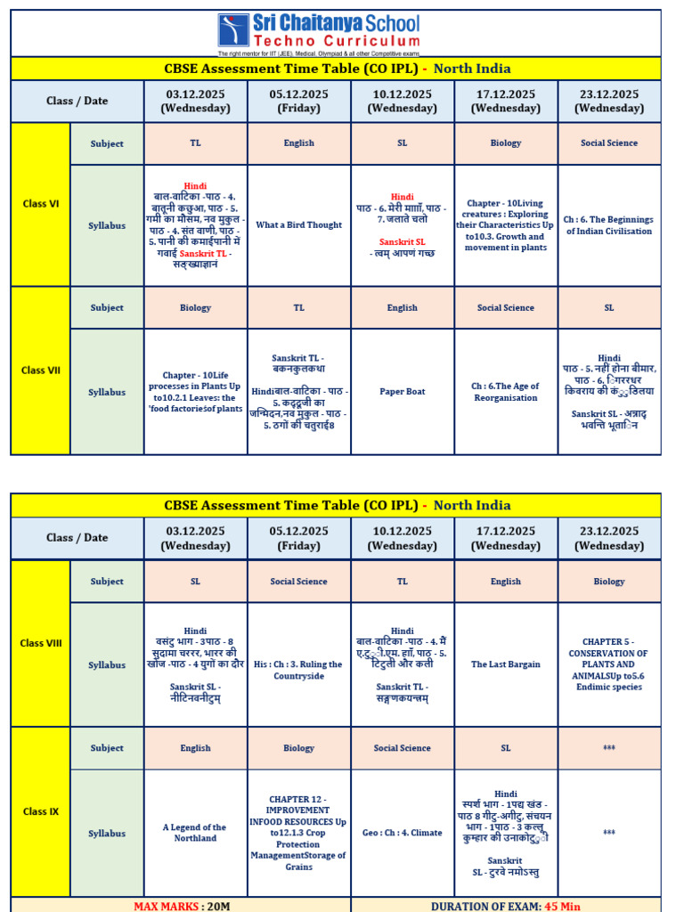 CBSE Assessment-4 Time Table (CO IPL) North | PDF
