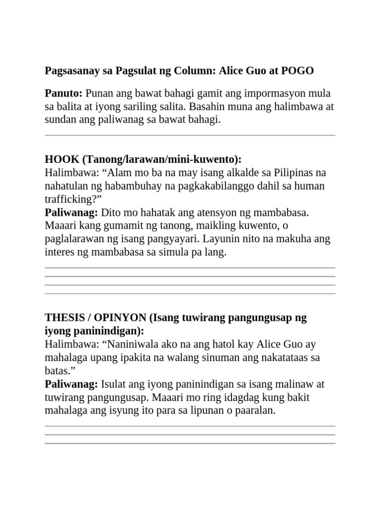 Pagsasanay Sa Pagsulat NG Column | PDF