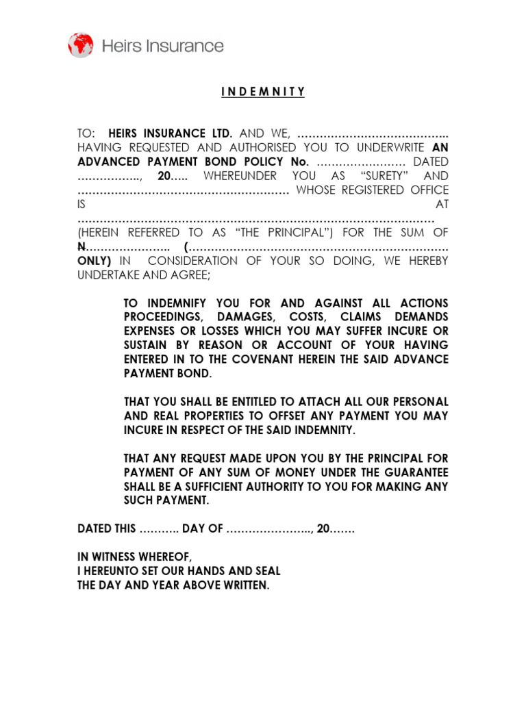 Hil Indemnity Form (1) - Copy (1) | PDF | Indemnity | Surety