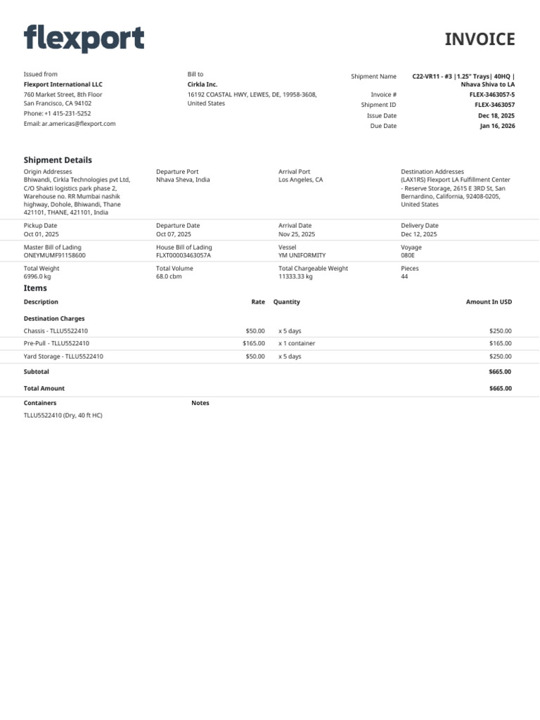 Invoice-5_FLEX-3463057_2025-12-18 | PDF | Bill Of Lading | Wire Transfer