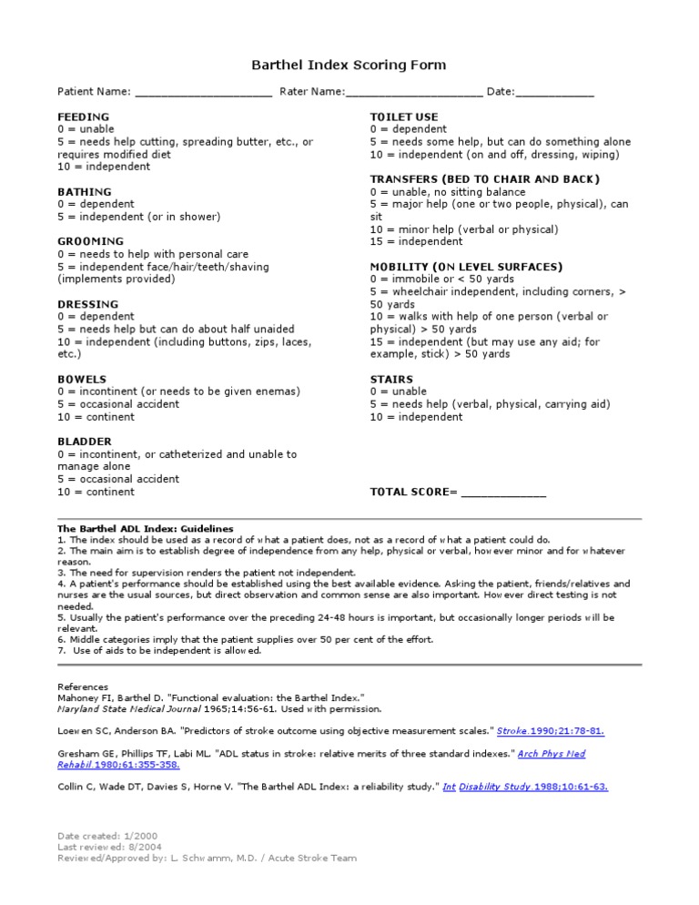 Barthel Index | Patient | Stroke