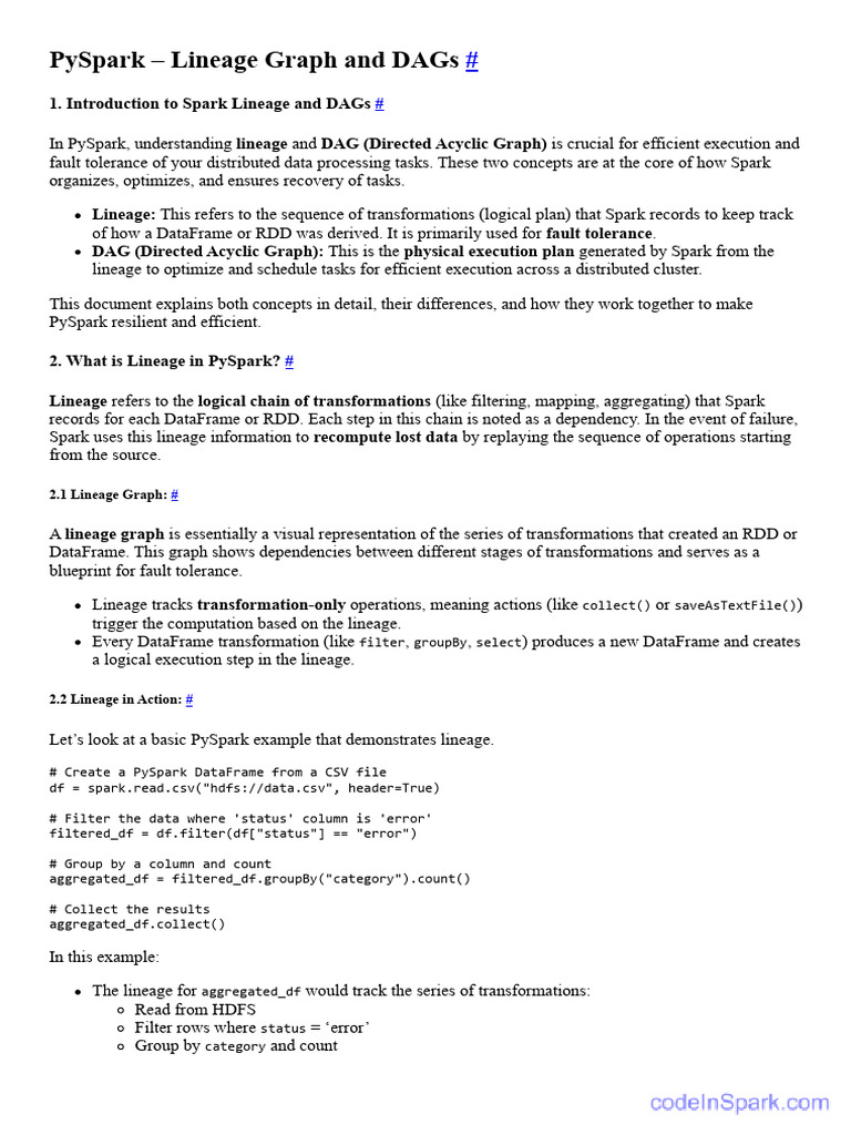 Pyspark - Lineage Graph vs DAGs | PDF | Apache Spark | Apache Hadoop