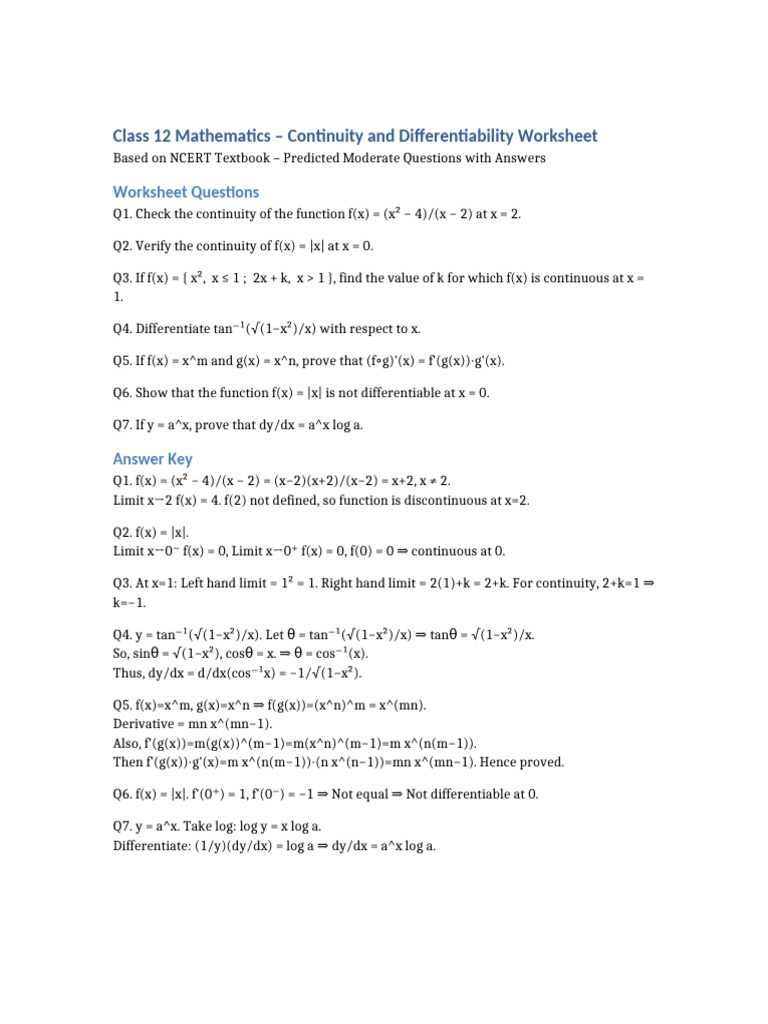 Class 12 Math: Continuity & Differentiability Worksheet | PDF