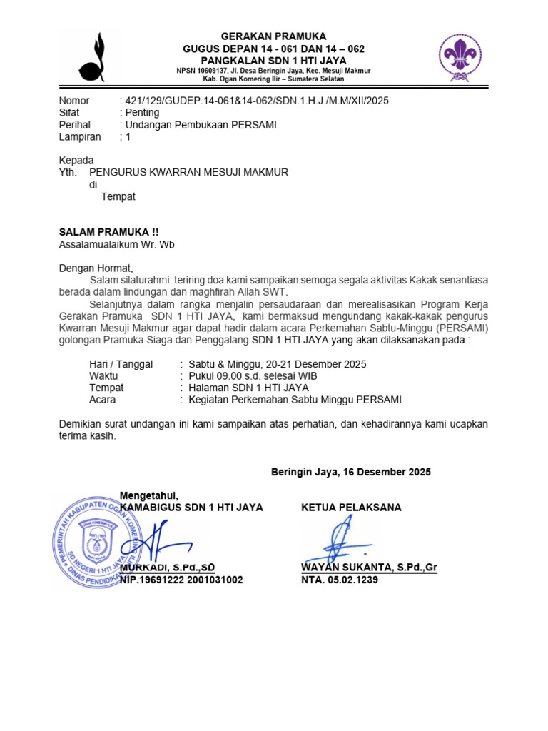 Undangan PERSAMI Pramuka SDN 1 HTI JAYA | PDF