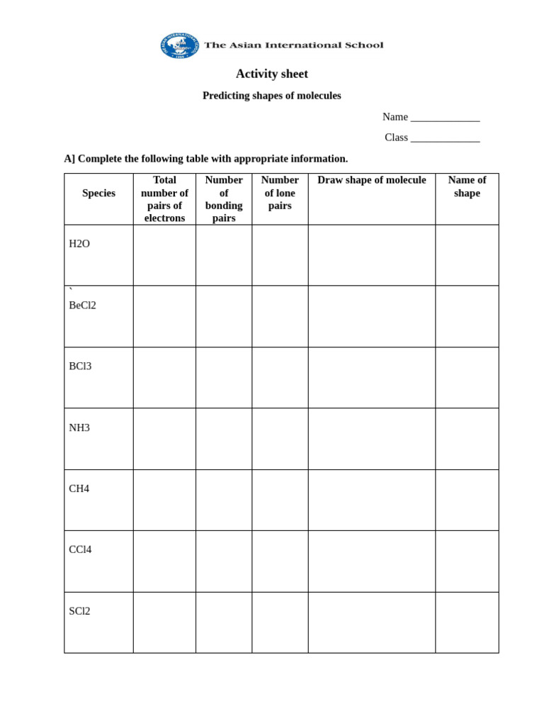 Molecular Shape - Activity | PDF