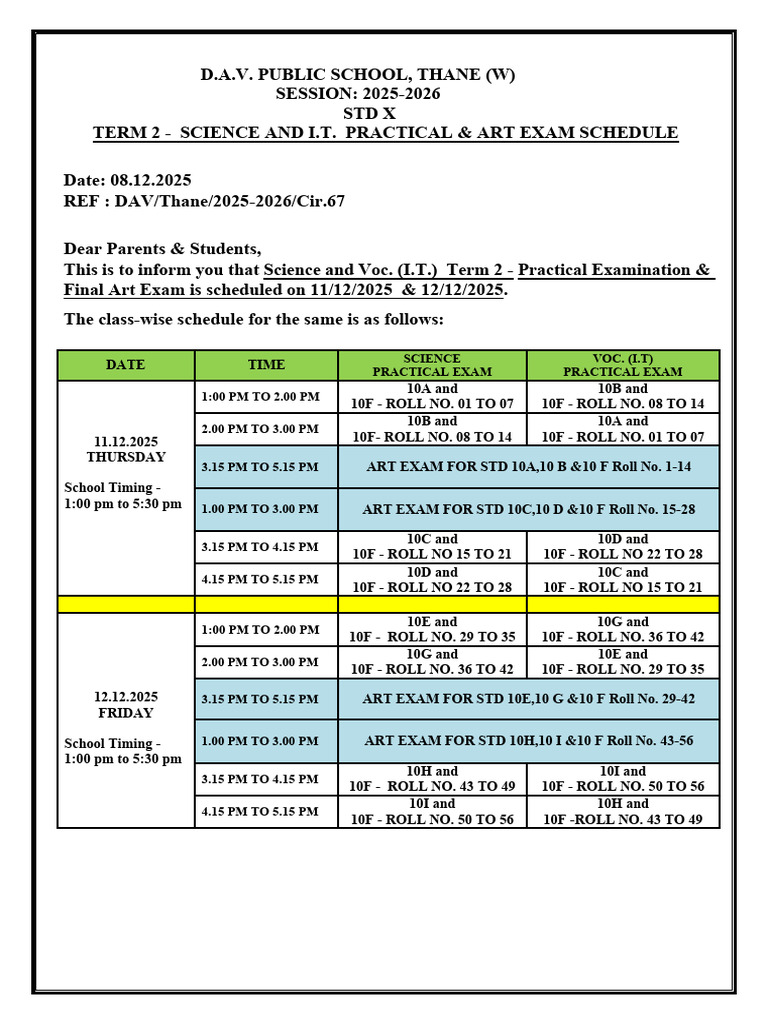 DAV Public School Thane Exam Schedule 2025 | PDF | Evaluation Methods ...