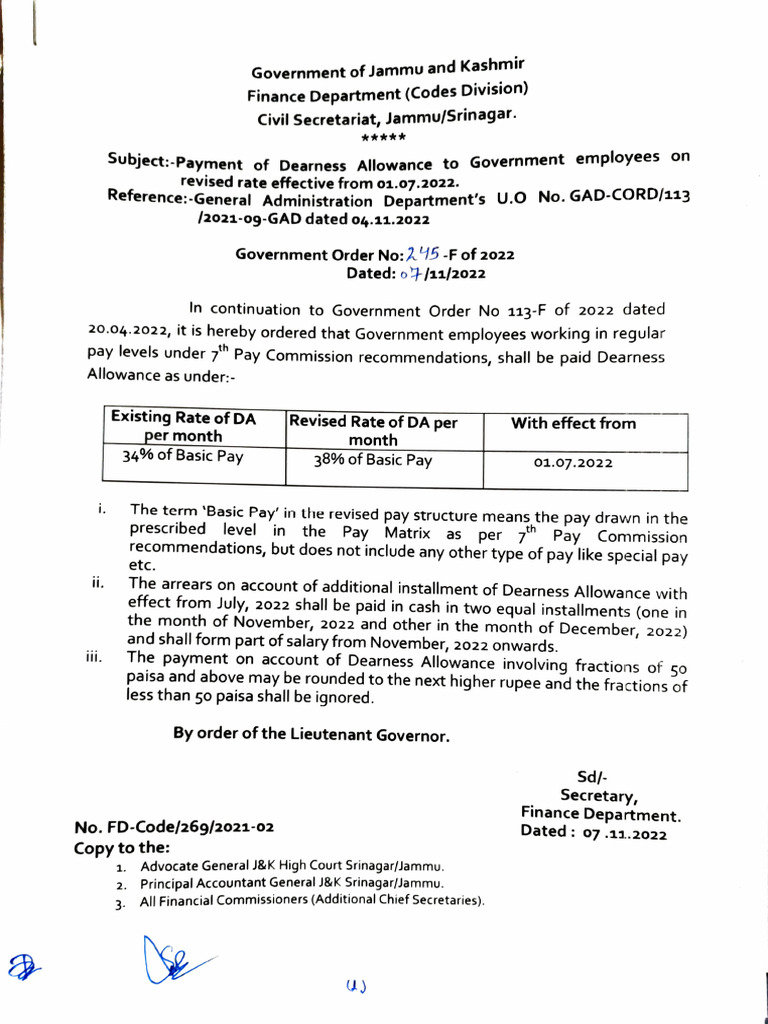 Revised Dearness Allowance Order J&K | PDF | Government