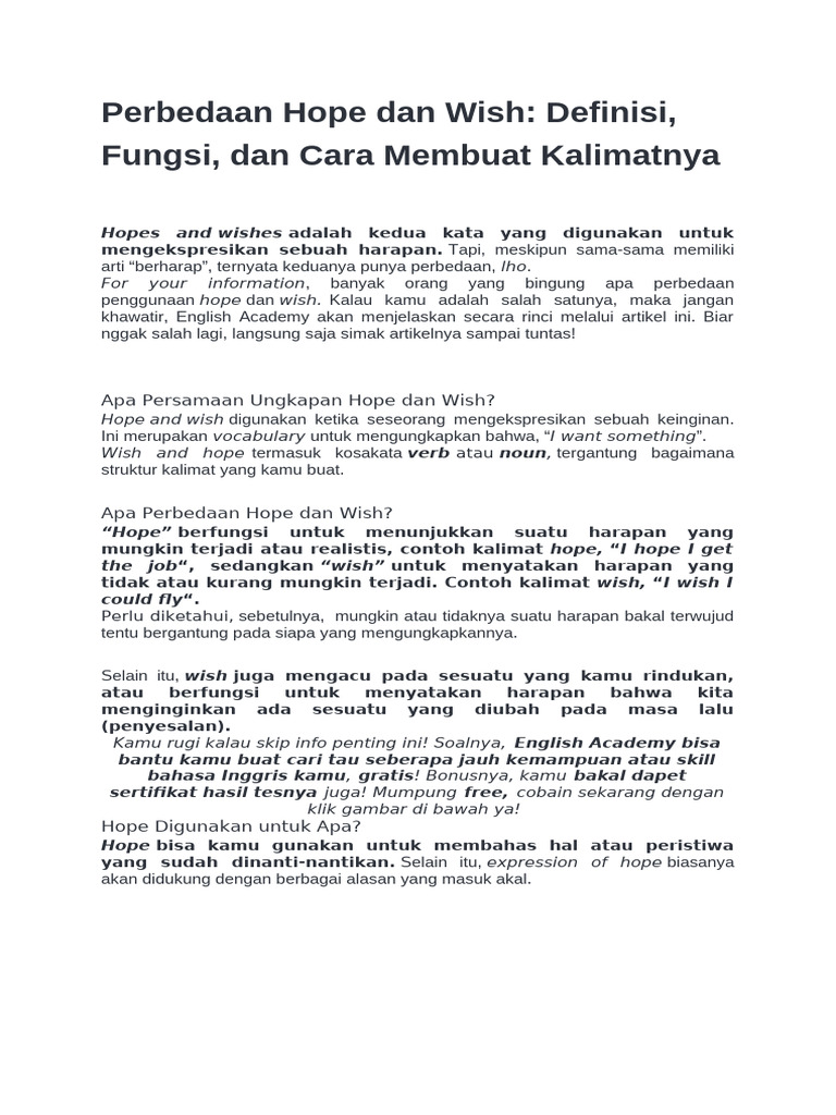 Perbedaan Hope dan Wish dalam Bahasa Inggris | PDF