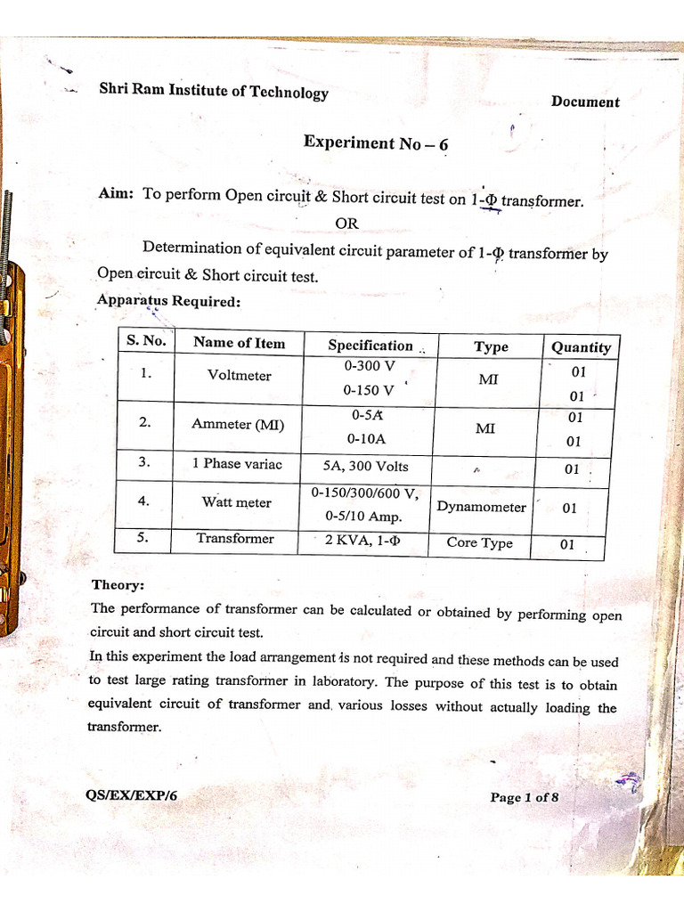 To Perform Open Circuit and Short Circuit Test On 1 Fai Transformer | PDF