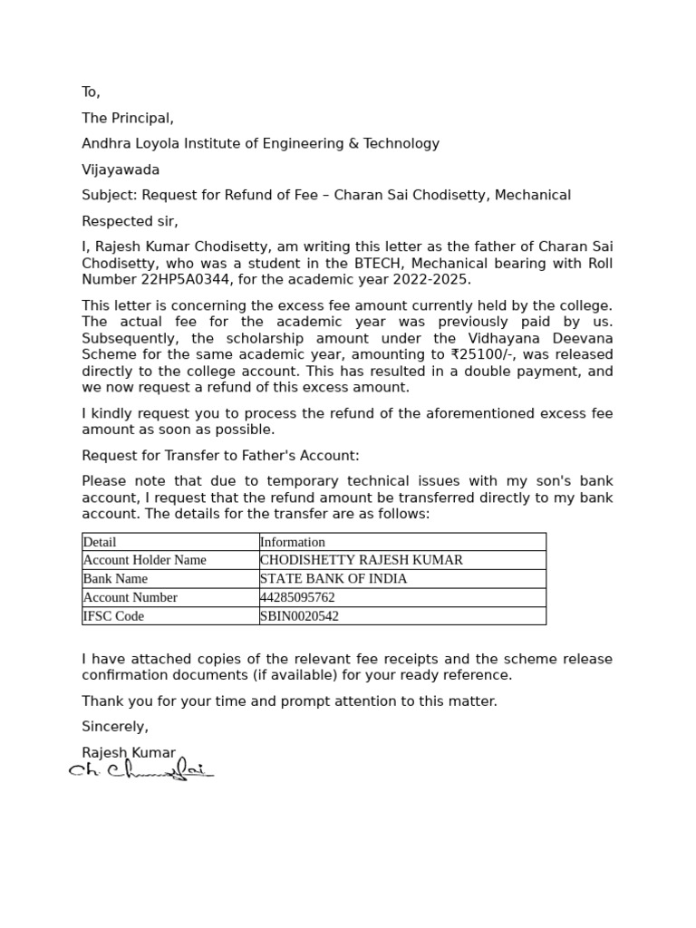 Fee Refund Letter | PDF