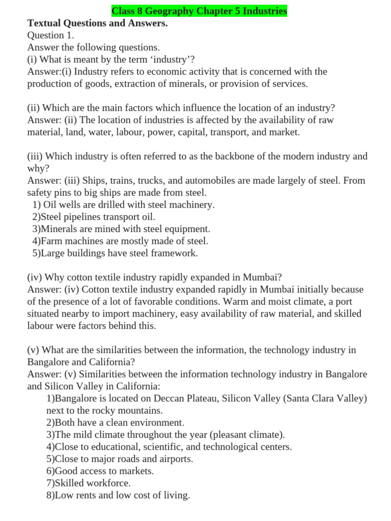 Class 8 Geography: Industries Overview | PDF | Cost Of Living | Textiles