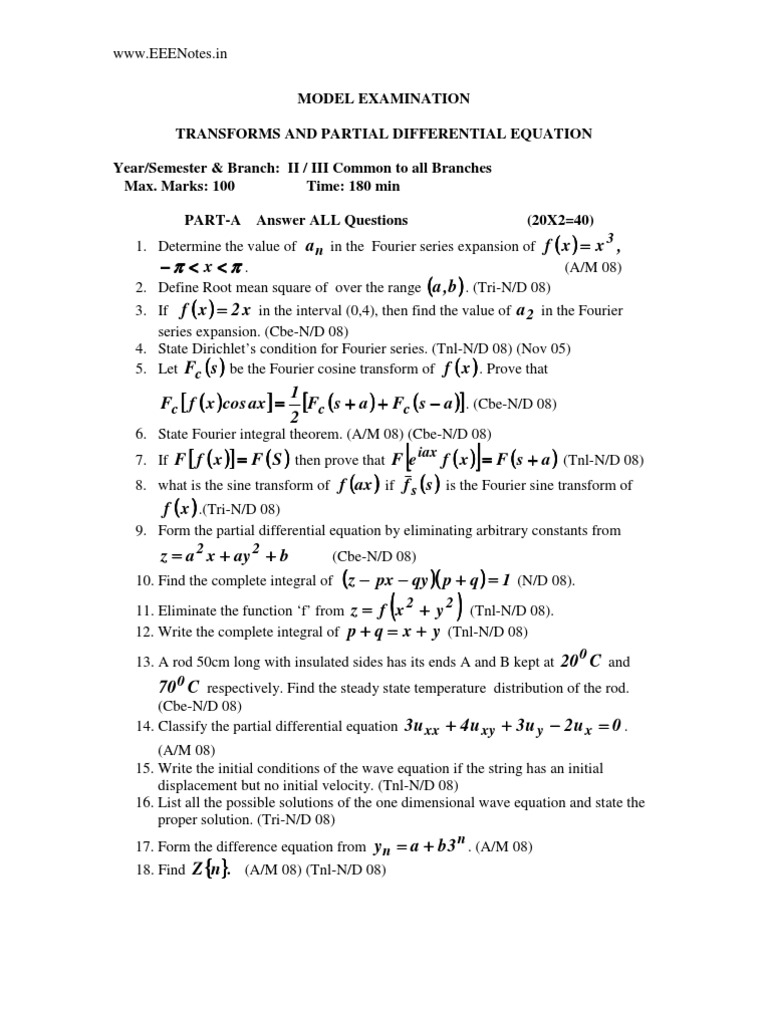 Transforms and Partial Differential Equation Model Question Paper | PDF ...