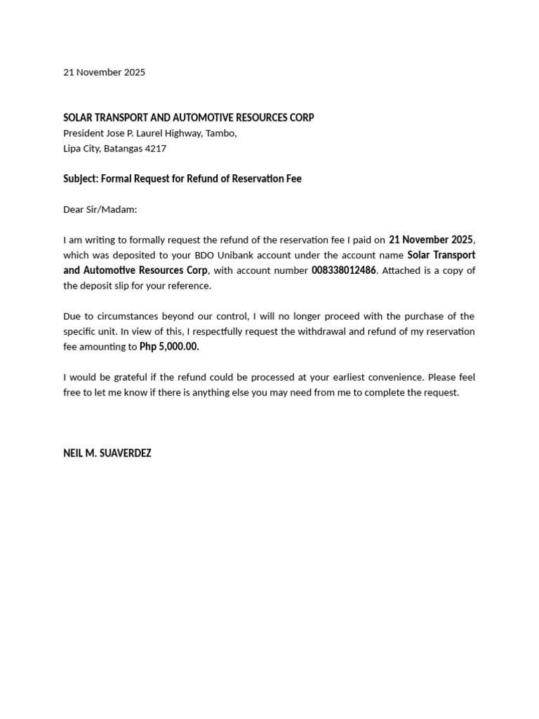 Formal Request For Refund of Reservation Fee-1 | PDF