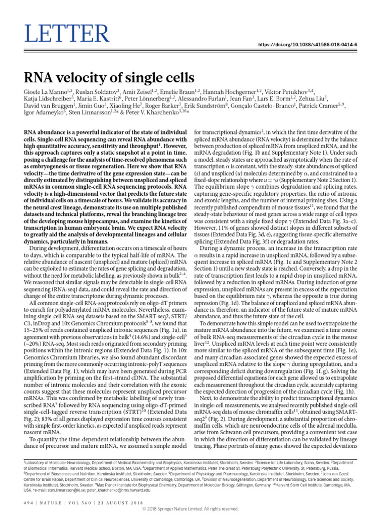 RNA Velocity of Single Cells | PDF | Rna Splicing | Messenger Rna