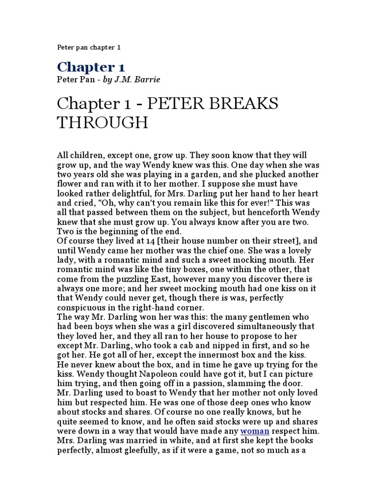 Peter Pan Chapter 1 Summary | PDF | Peter Pan | Neverland