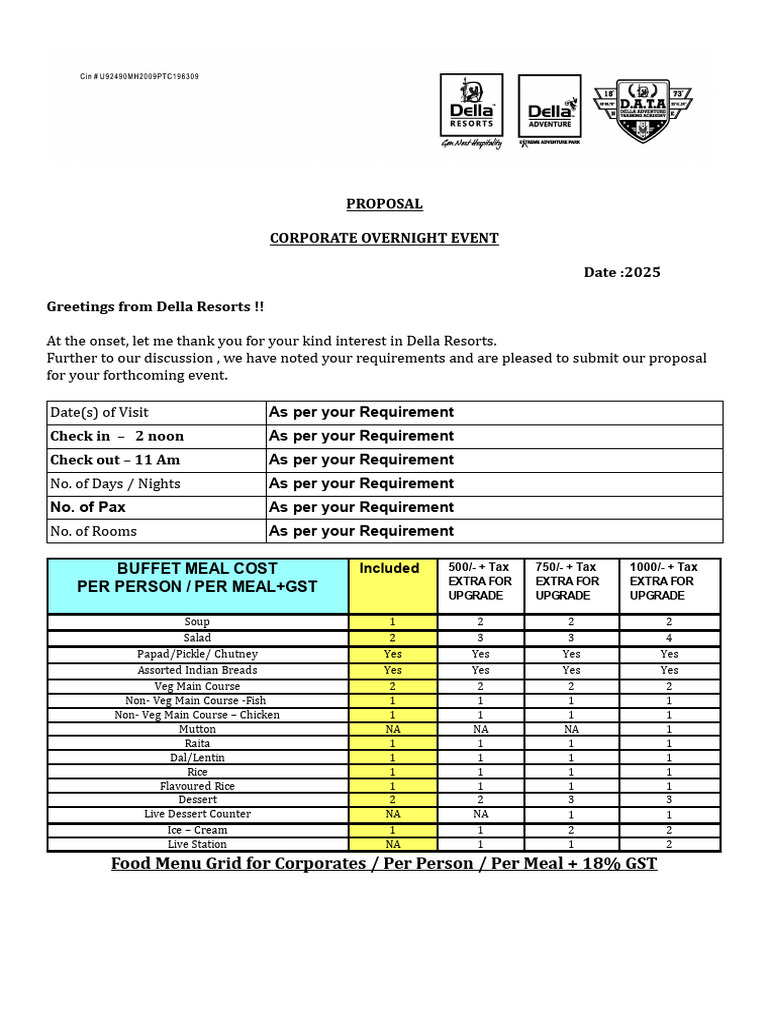 Della Resorts - Corporate Stay Proposal. - SG++ | PDF | Lunch | Meal