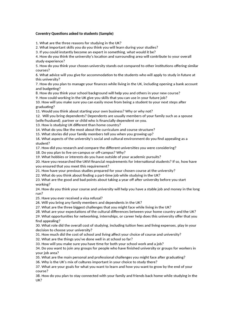 Coventry Questions Asked To Students (Sample) | PDF