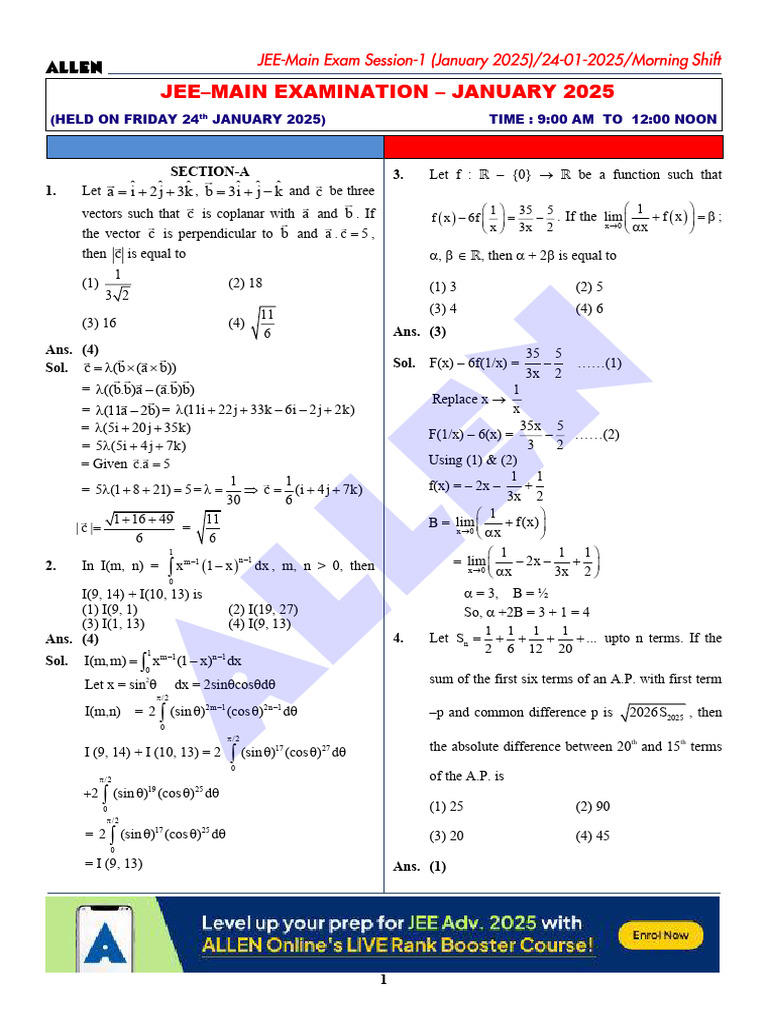 2401-Mathematics Paper+With+Sol. Morning | PDF | Geometry | Euclidean ...