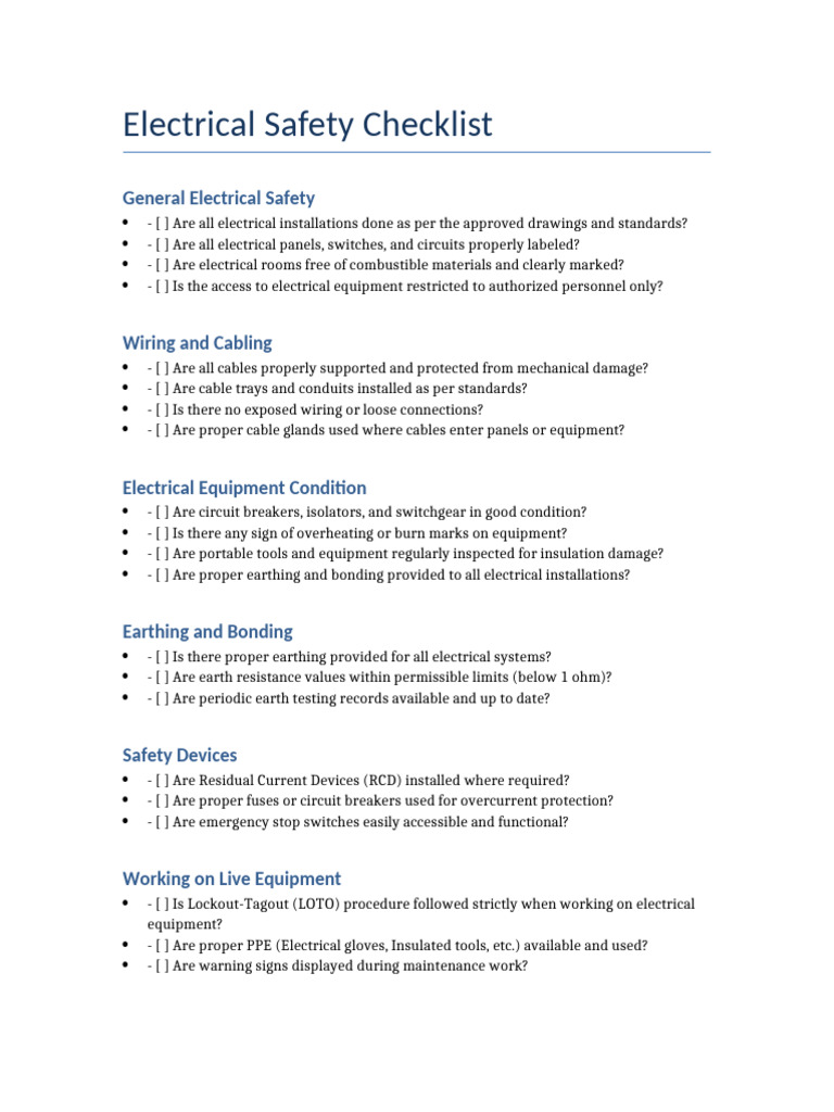 Electrical Safety Checklist | PDF | Electrical Wiring | Electric Power