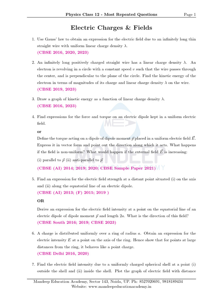 Class 12 Physics Most Repeated Questions Chapter Wise | PDF | Rectifier | P–N Junction