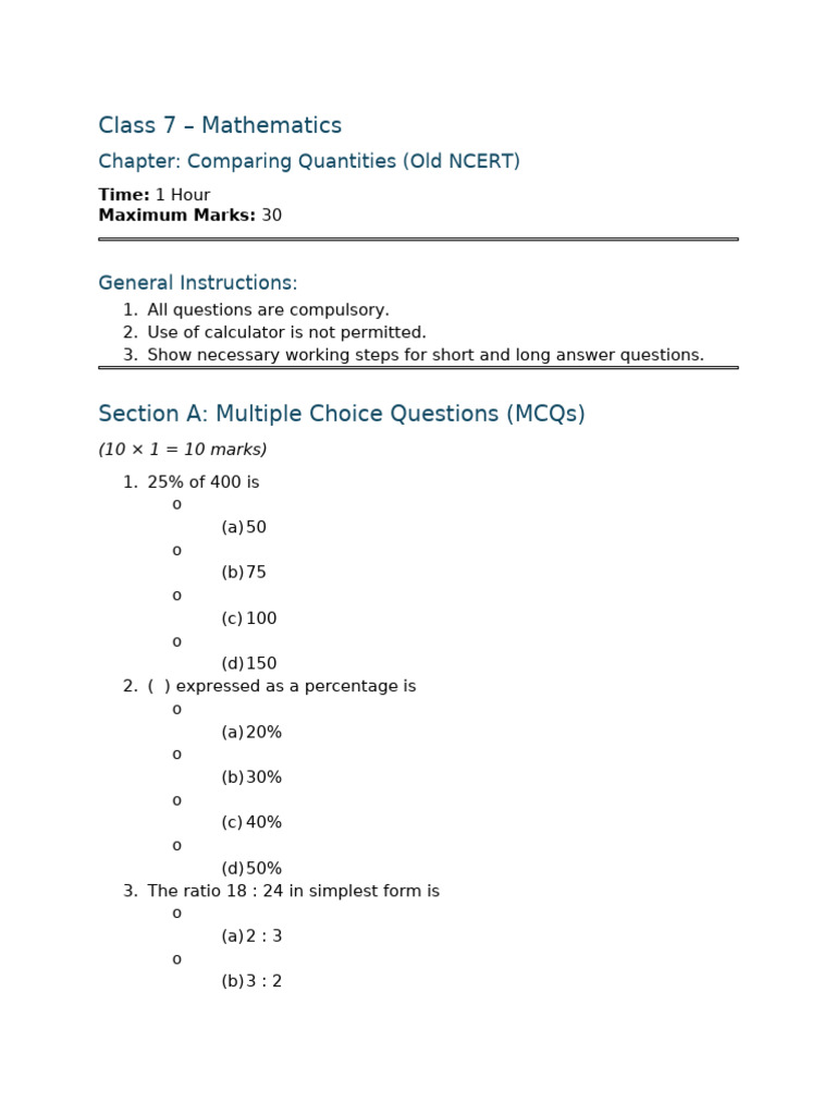 Class 7 Maths - Comparing Quantities (Question Paper) | PDF | Interest ...