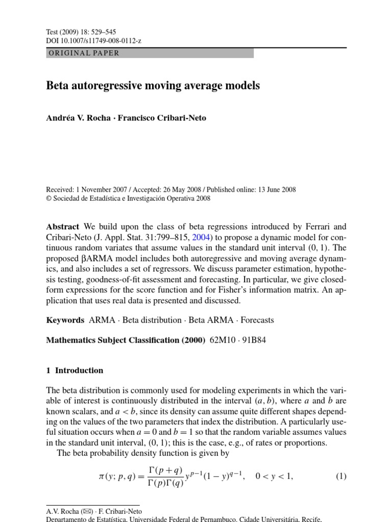 Rocha and Cribari-Neto (2009) Beta Autoregressive Moving Average Models | PDF | Akaike ...