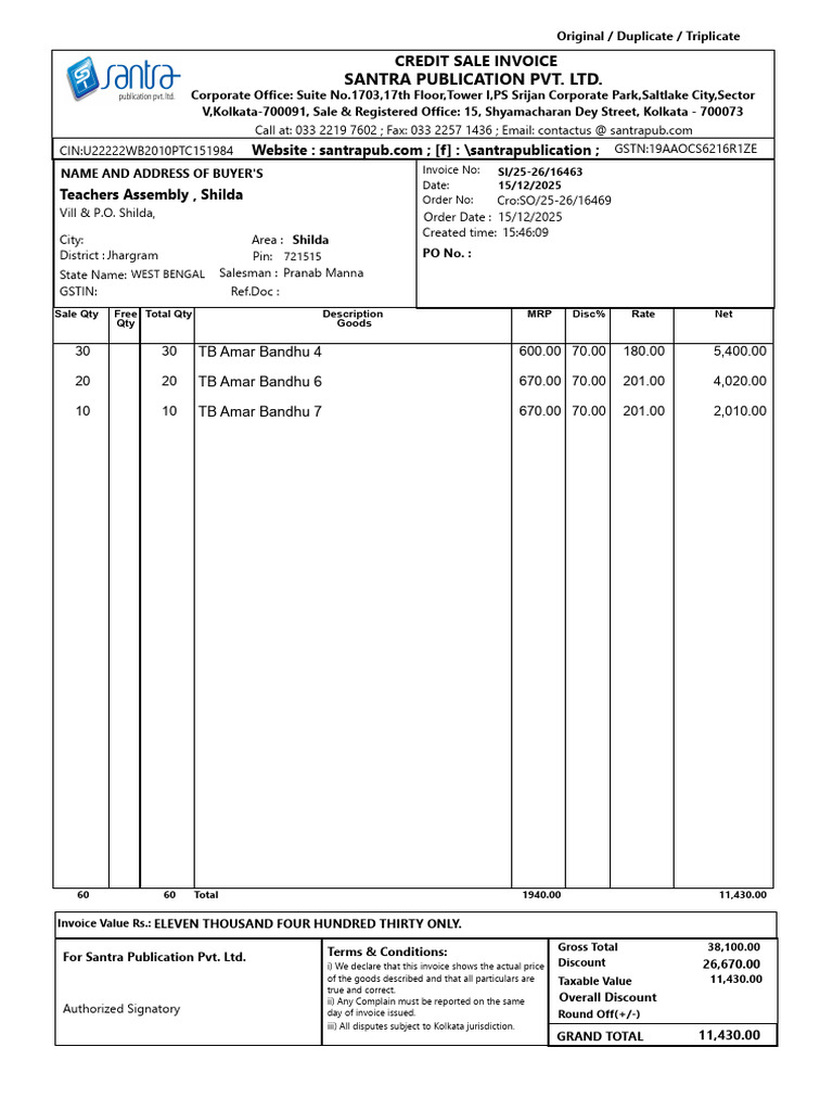 Credit Sale Invoice - Santra Publication | PDF | Accounting | Taxes