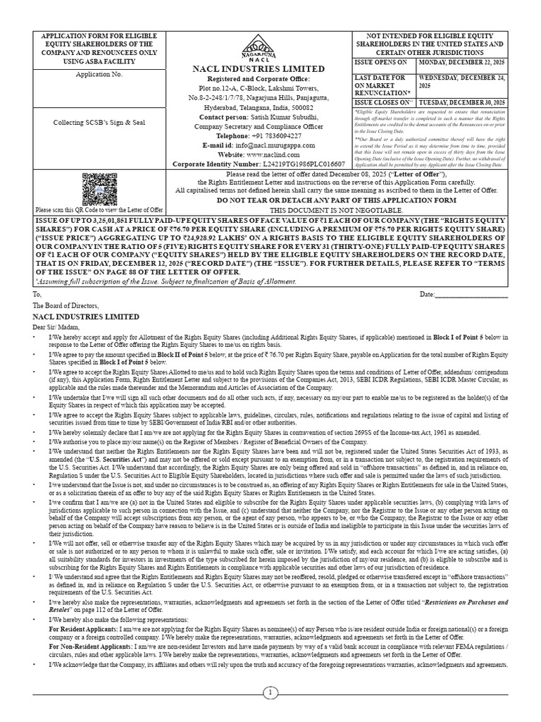 NACL Industries Rights Issue Application Form | PDF | Securities ...