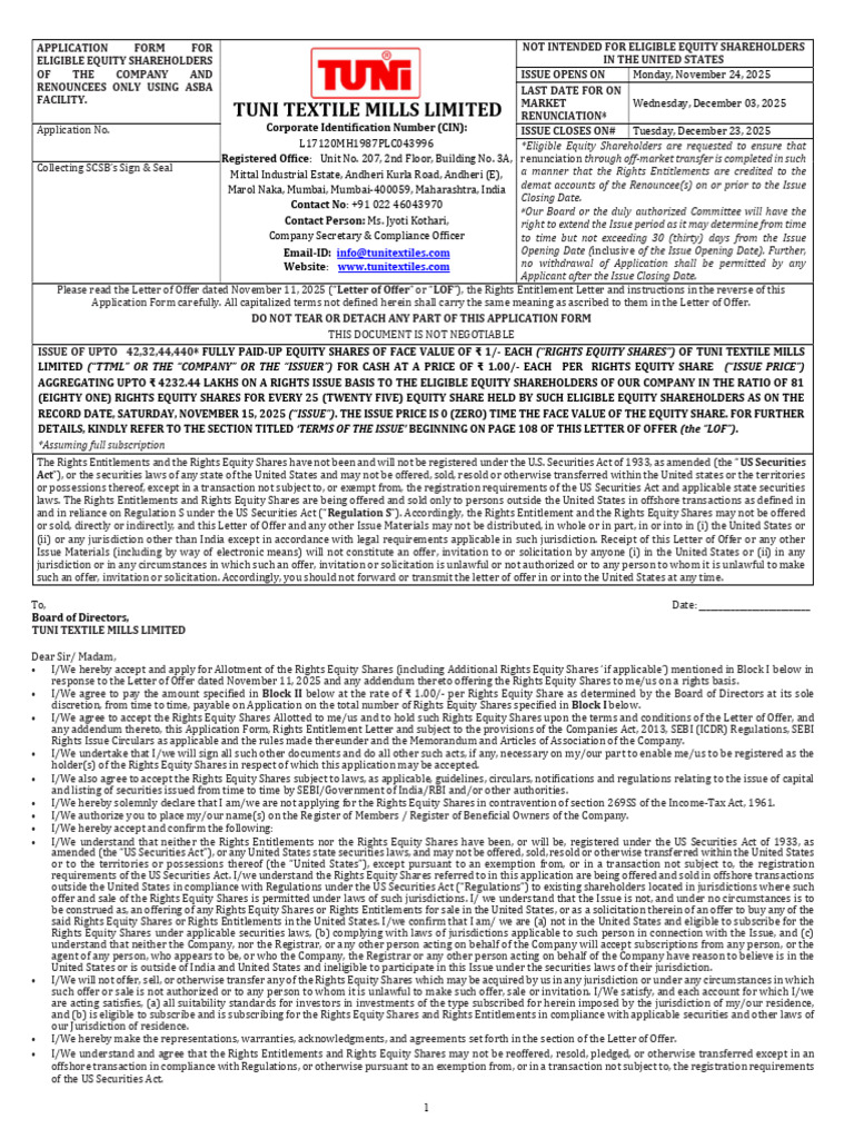 Tuni Textile Mills Rights Issue Application Form | PDF | Securities ...