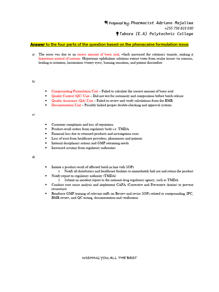 Phenacaine Formulation Answer | PDF