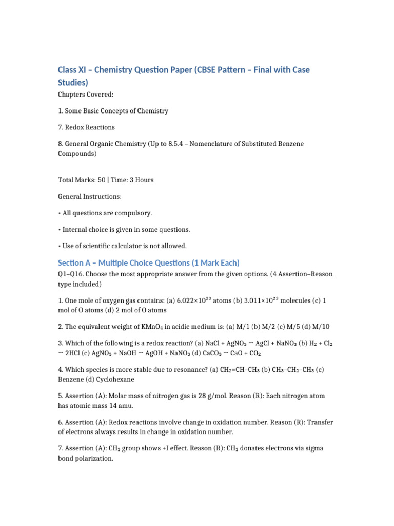 Class XI Chemistry CBSE Question Paper | PDF | Chemical Reactions | Redox