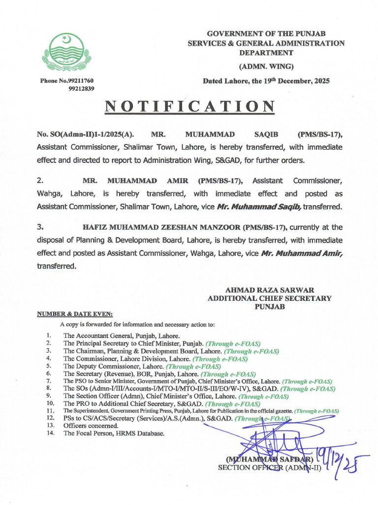 AC Wahga & Shallimar Notification Dt 19 12 2025 | PDF