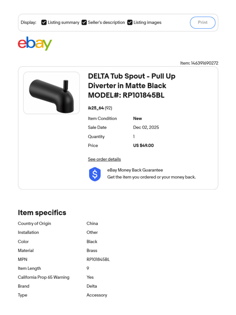 DELTA Tub Spout - Pull Up Diverter in Matte Black MODEL#_ RP101845BL | PDF