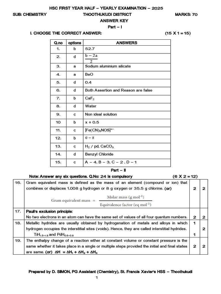 HSC Chemistry Half-Yearly Exam 2025 Key | PDF | Ion | Chemical Reactions
