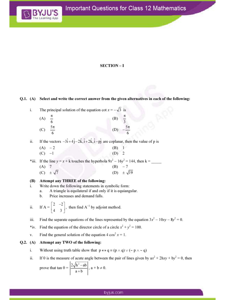 Important Questions for Maharshtra HSC Class 12 Maths | PDF | Equations ...